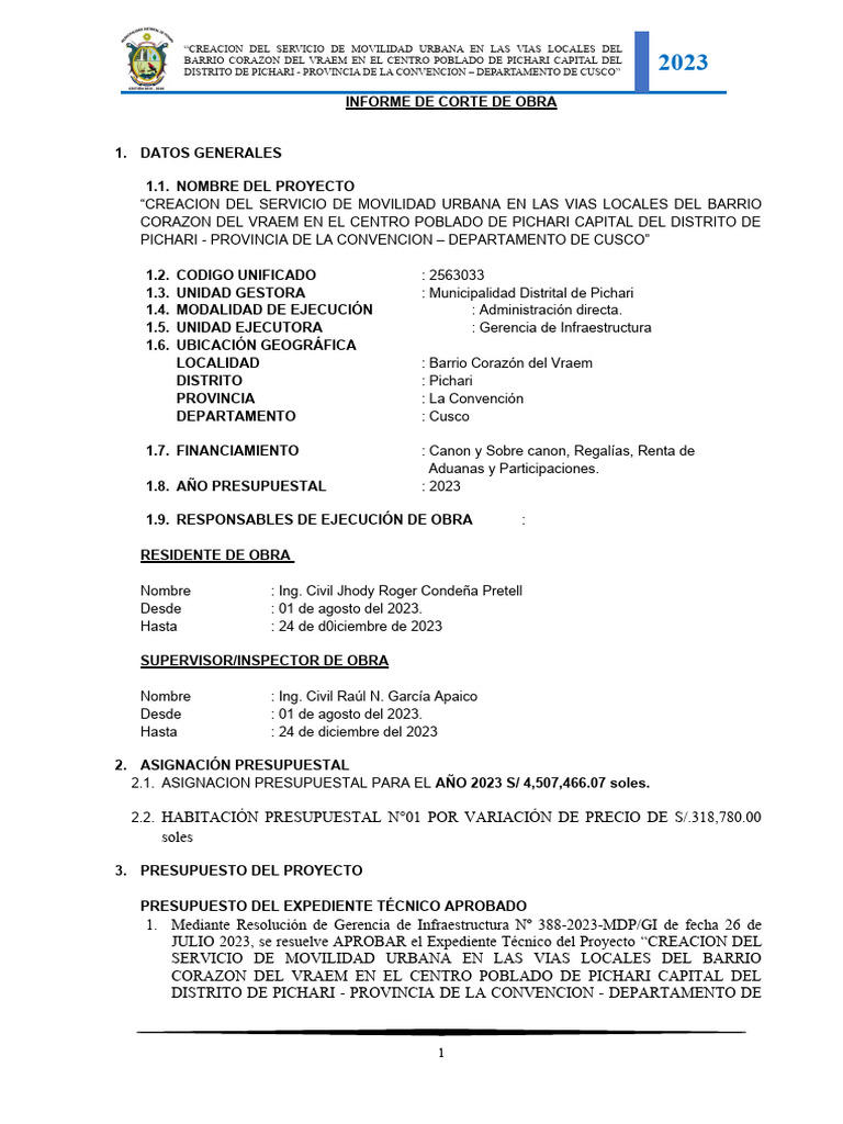 Informe de Corte de Obra Corazon Del Vraem | PDF | Presupuesto | Hormigón