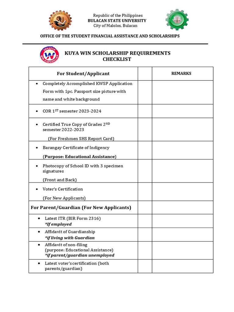 Kuya Win Scholarship Requirements Checklist Ay 2023-2024 | PDF