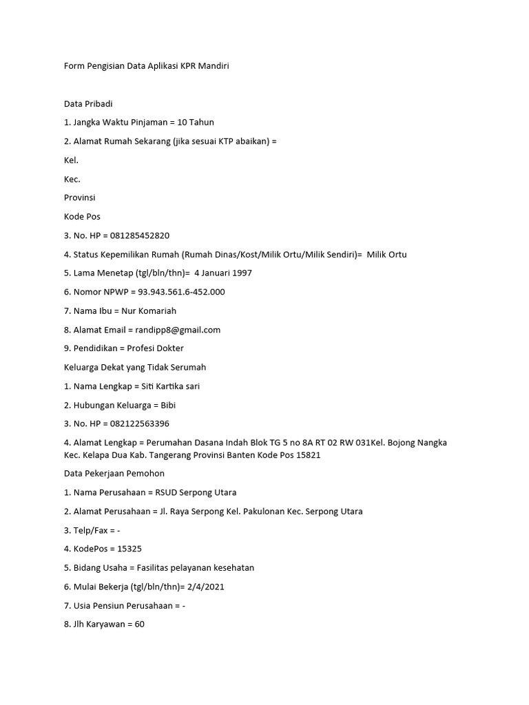 Form Pengisian Data Aplikasi KPR Mandiri | PDF