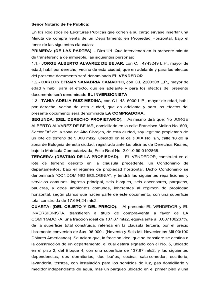 Minuta Compra Venta Propiedad Horizontal Condominio | PDF | Condominio | Ley común
