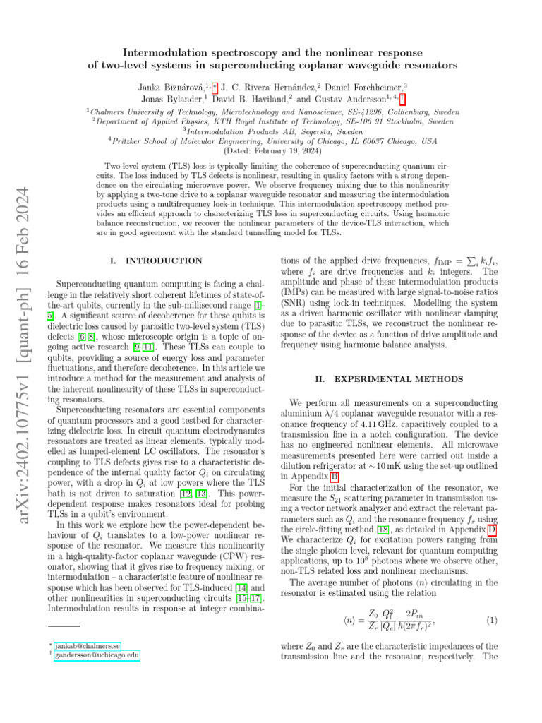 Intermodulation Spectroscopy and The Nonlinear Response of Two-Level Systems in Superconducting ...