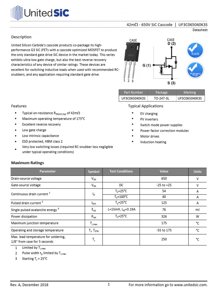 UF3C065040K3S Data Sheet | PDF | Field Effect Transistor | Mosfet
