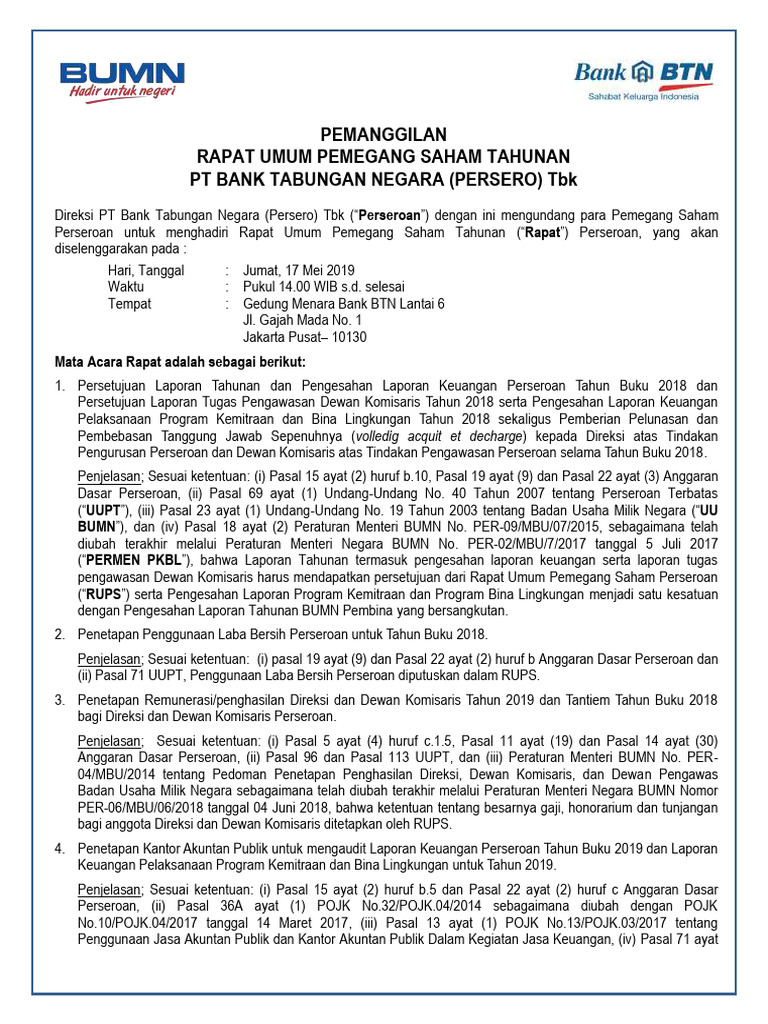 Pemanggilan RUPST Bank BTN 2019 FINAL | PDF