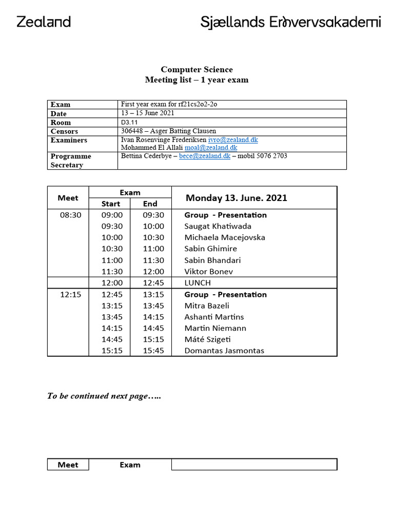 First Year Computer Science Exam Schedule | PDF