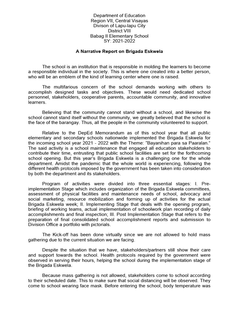 Brigada Eskwela Narrative Write-Up | PDF | Literacy | Learning