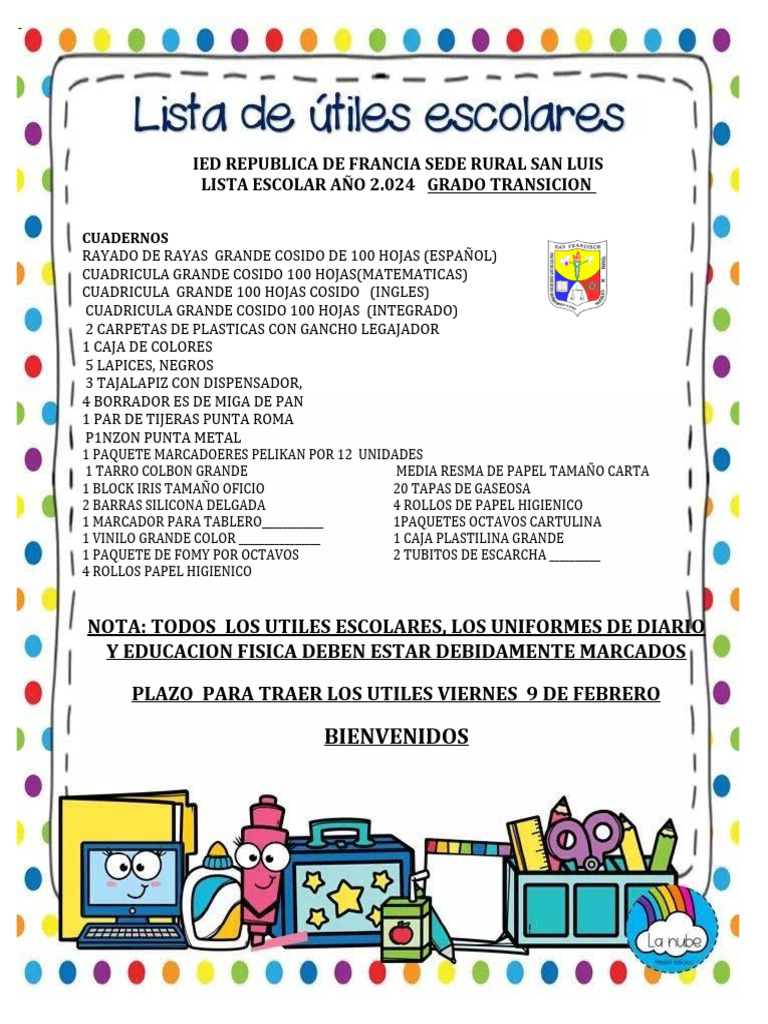Lista Útiles Escolares 2024 | PDF