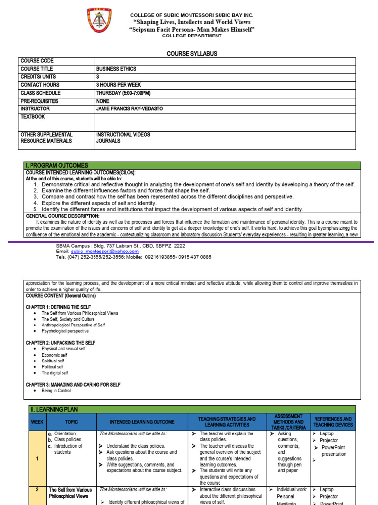 Ray - Understanding The Self - Syllabus | PDF | Self | Montessori Education