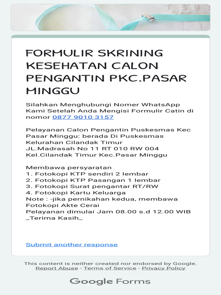 Formulir Skrining Kesehatan Calon Pengantin PKC - Pasar Minggu | PDF