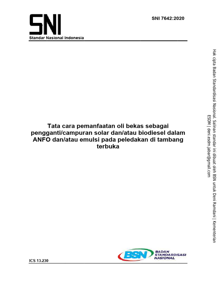 SNI 7642-2020 - Tata Cara Pemanfaatan Oli Bekas Untuk Peledakan | PDF