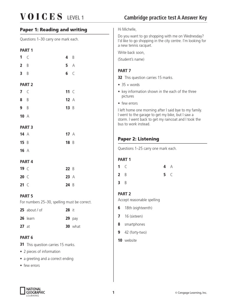 Voices L1 Assessment CambridgeTestA AnswerKey AllUnits | PDF | Question ...