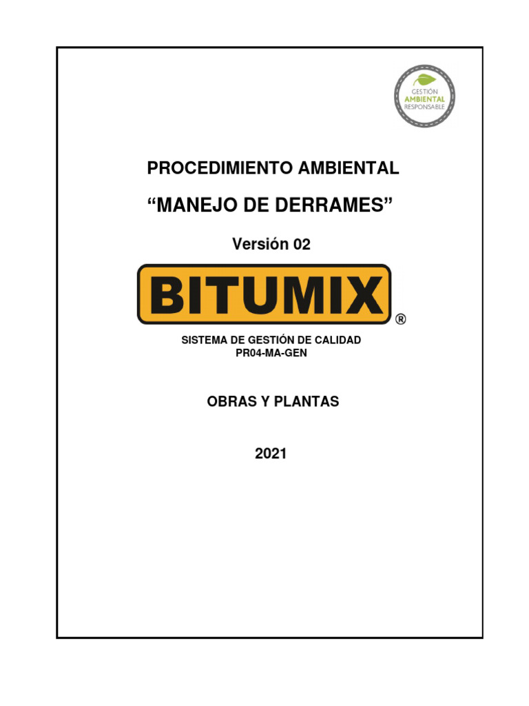 Anexo 6. Procedimiento Derrames BTX | PDF | Entorno natural | Contaminación