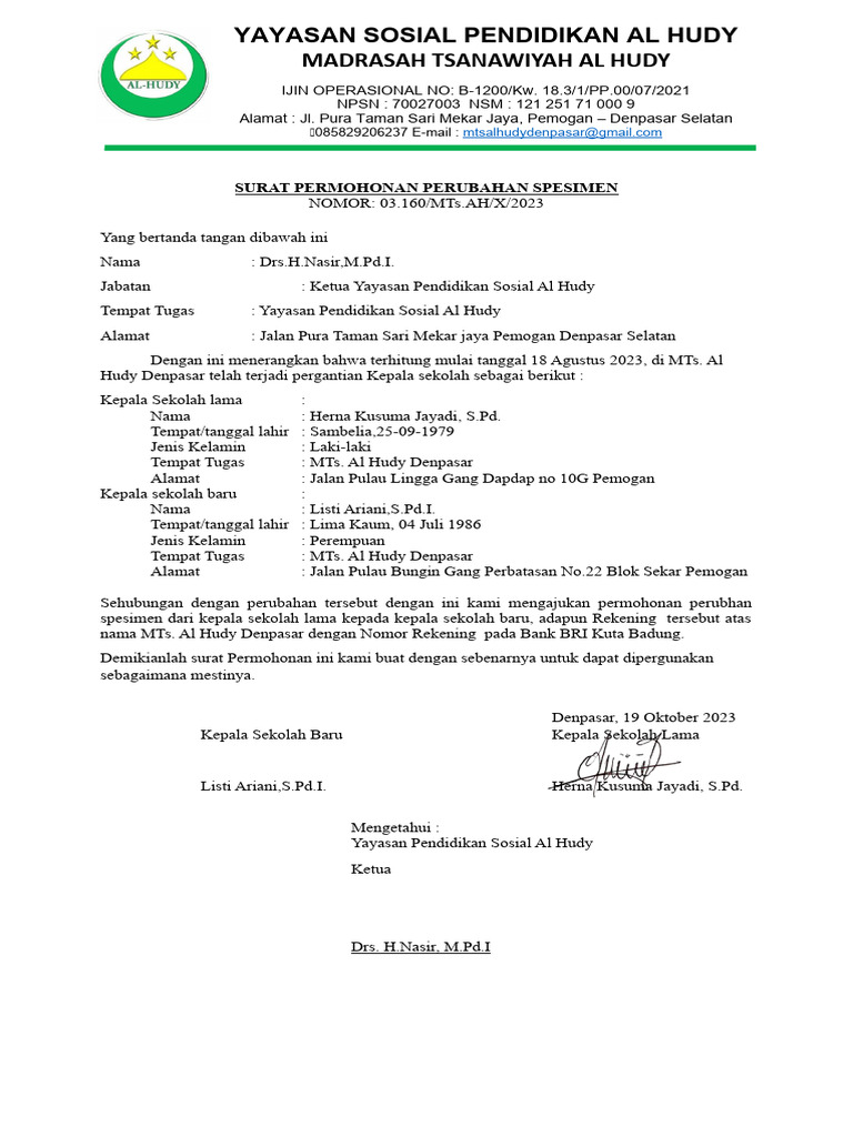 Surat Permohonan Perubahan Spesimen | PDF
