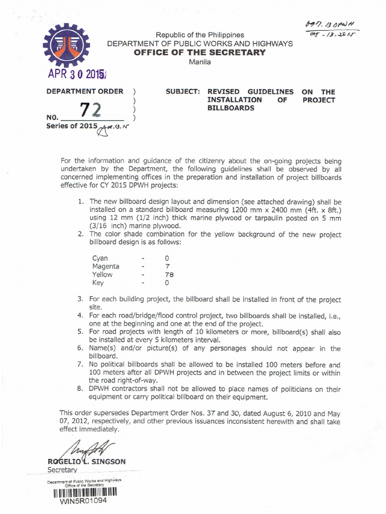 DPWH DO NO. 72 S 2015-REVISED GUIDELINES ON STANDARD PROJECT BILLBOARD ...
