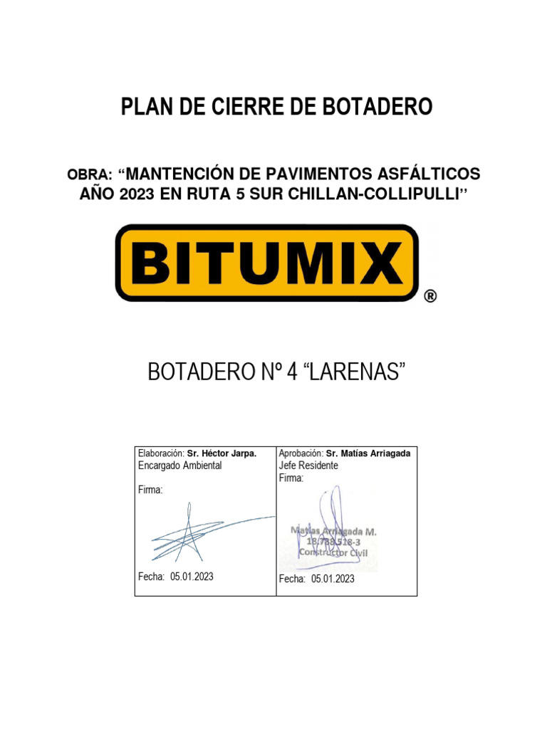 Plan de Cierre Botadero N°4 "Larenas" | PDF | Camión
