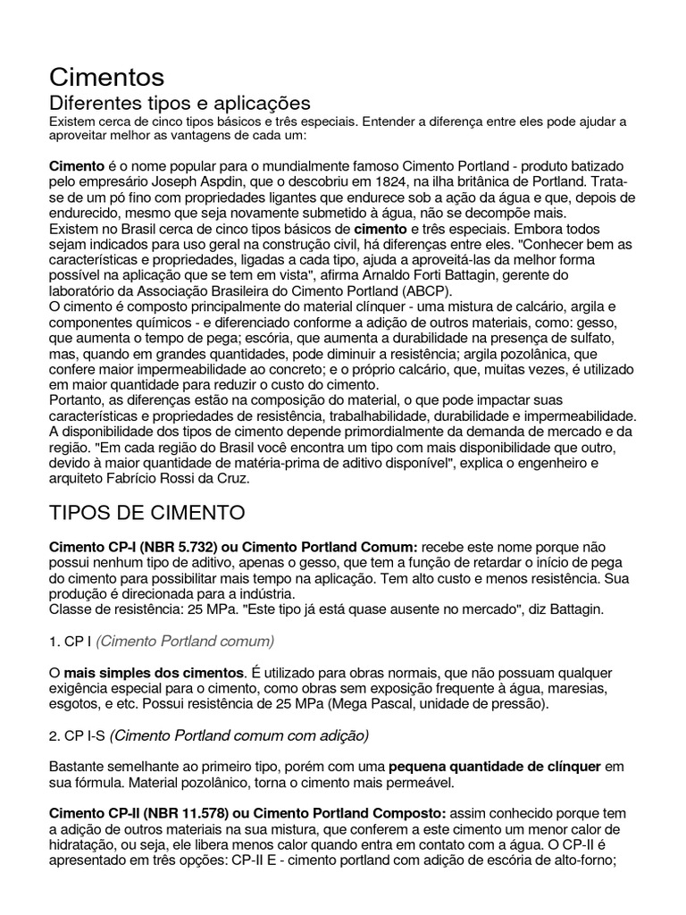 Tipos de Cimento - Traços e Características | PDF | Cimento | Concreto