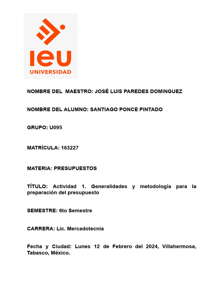 Actividad 1. Generalidades y Metodología para La Preparación Del Presupuesto | PDF | Presupuesto ...