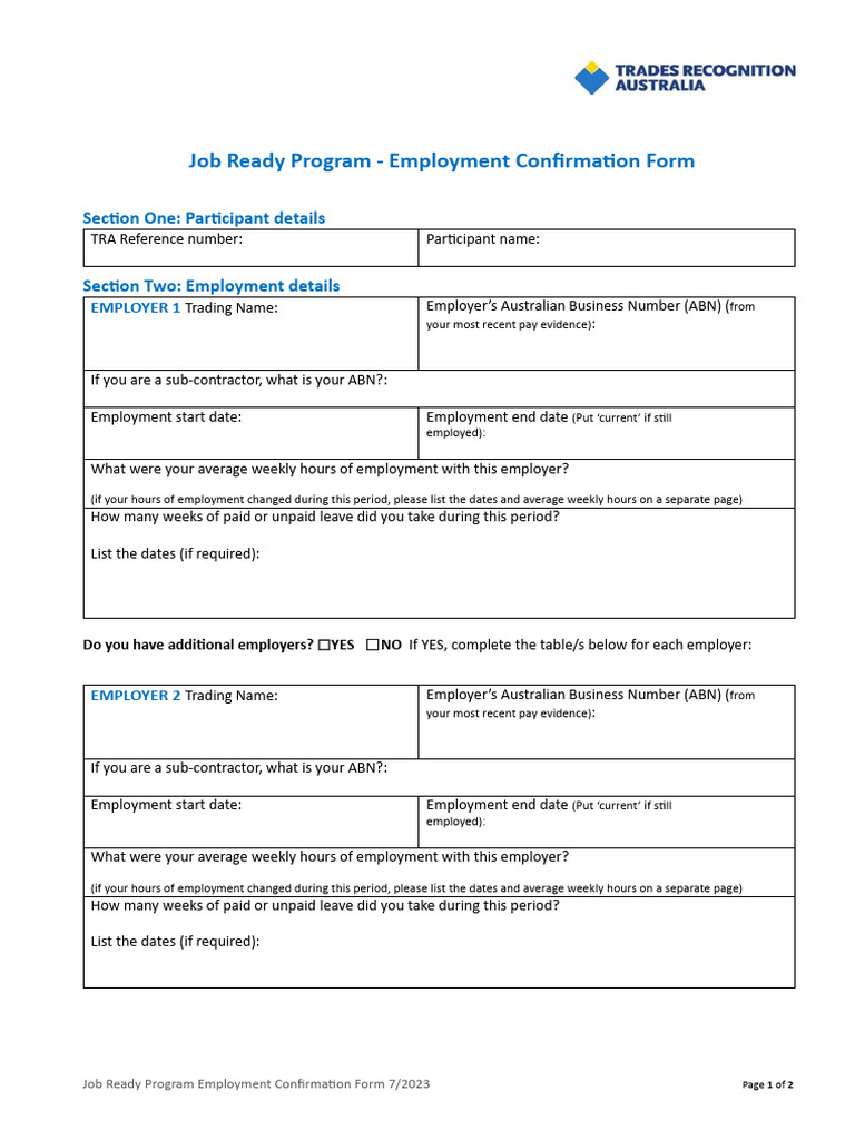 Job Ready Program - Employment Confirmation Form | PDF | Employment ...
