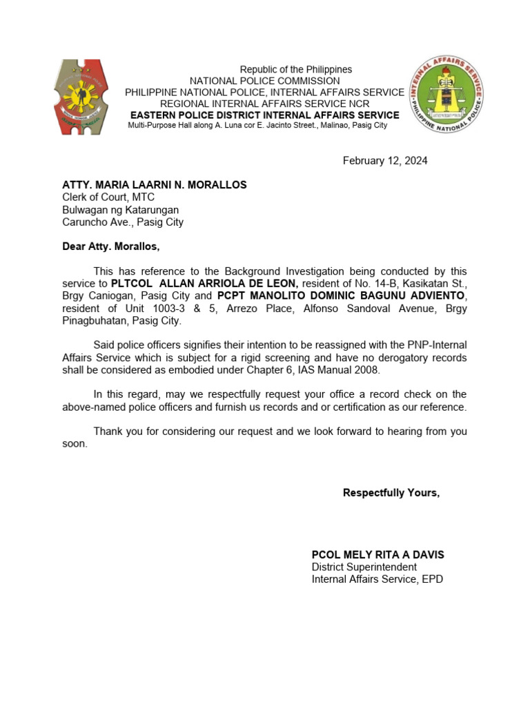 Atty. Maria Laarni N. Morallos: Eastern Police District Internal ...