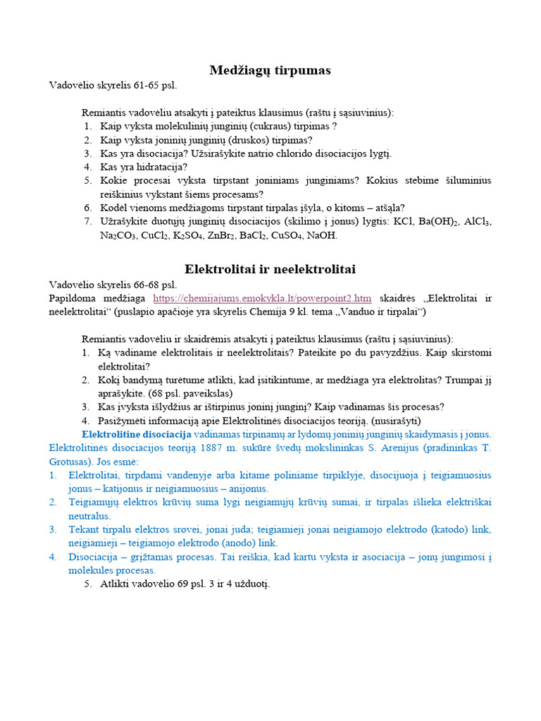 Medziagu Tirpumas. Elektrolitai Ir Neelektrolitai 4 | PDF