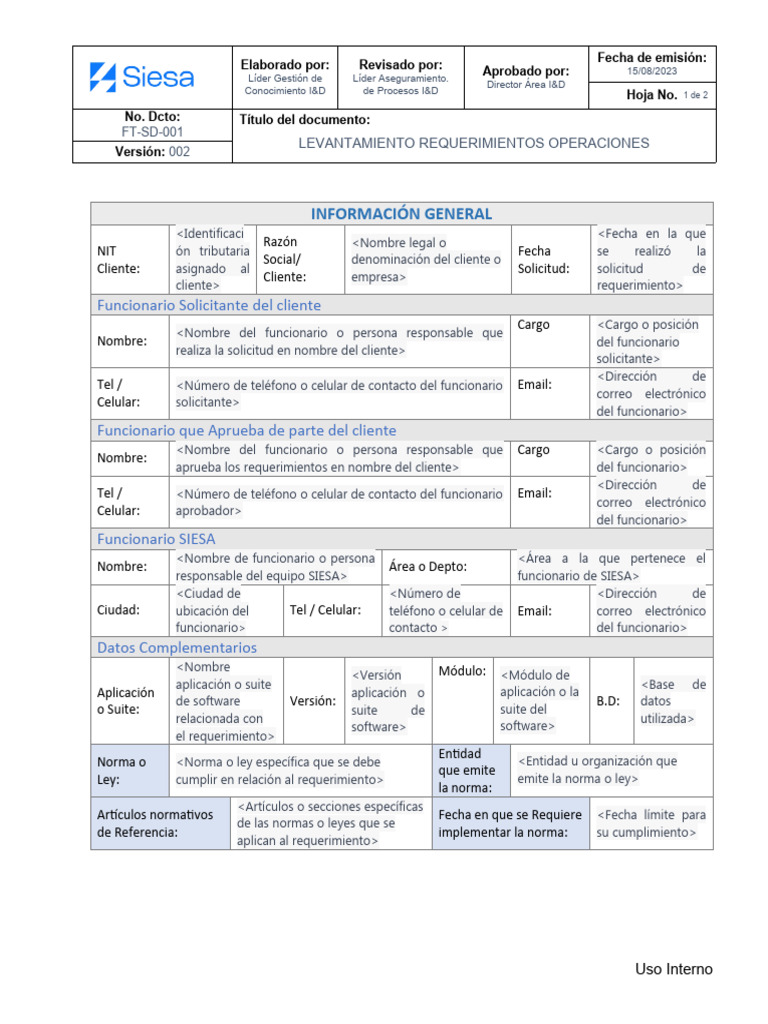 FT - SD - 001 - Formato-Levantamiento-Requerimientos-Operaciones-v2.0 ...