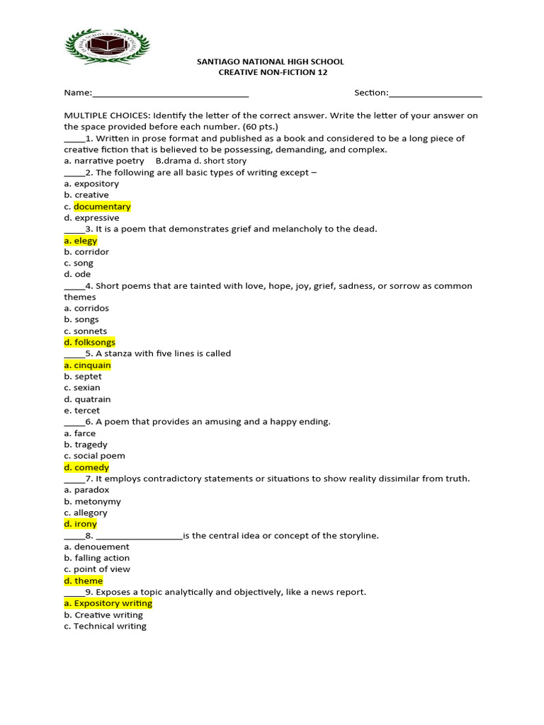 Memoir and Creative Writing Quiz | PDF | Poetry | Non Fiction