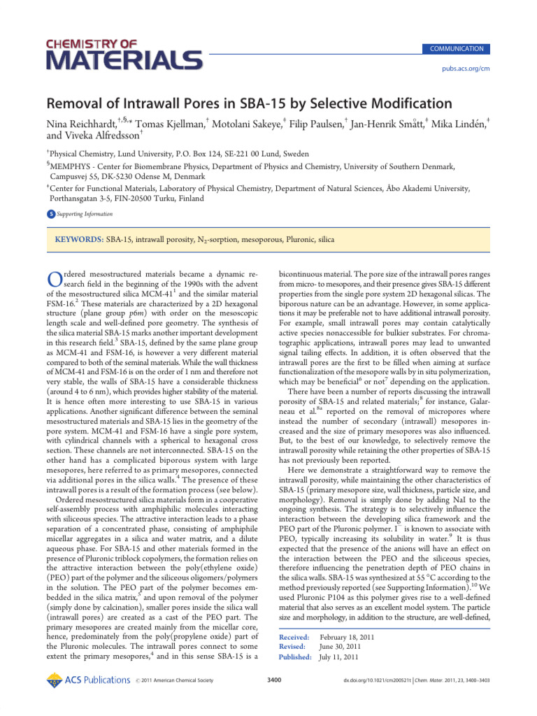 (REICHHARDT Et Al., 2011) Removal of Intrawall Pores in SBA-15 by Selective Modification | PDF ...