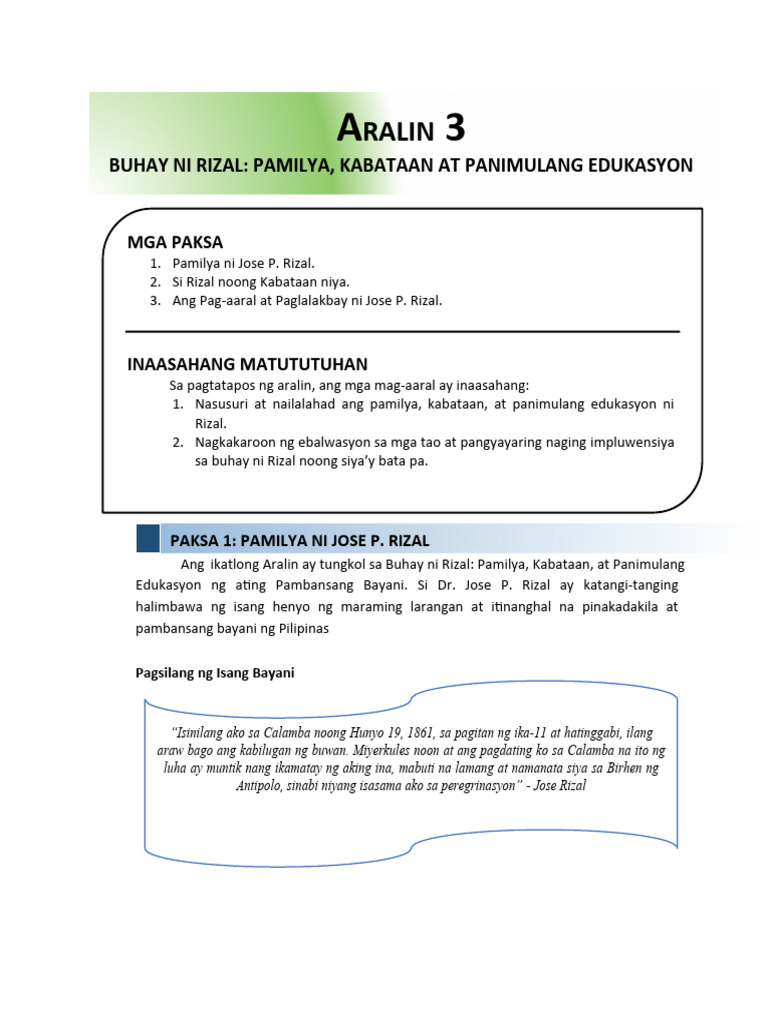 Aralin 3 Buhay Ni Rizal Pamilya Kabataan at Panimulang Edukasyon | PDF