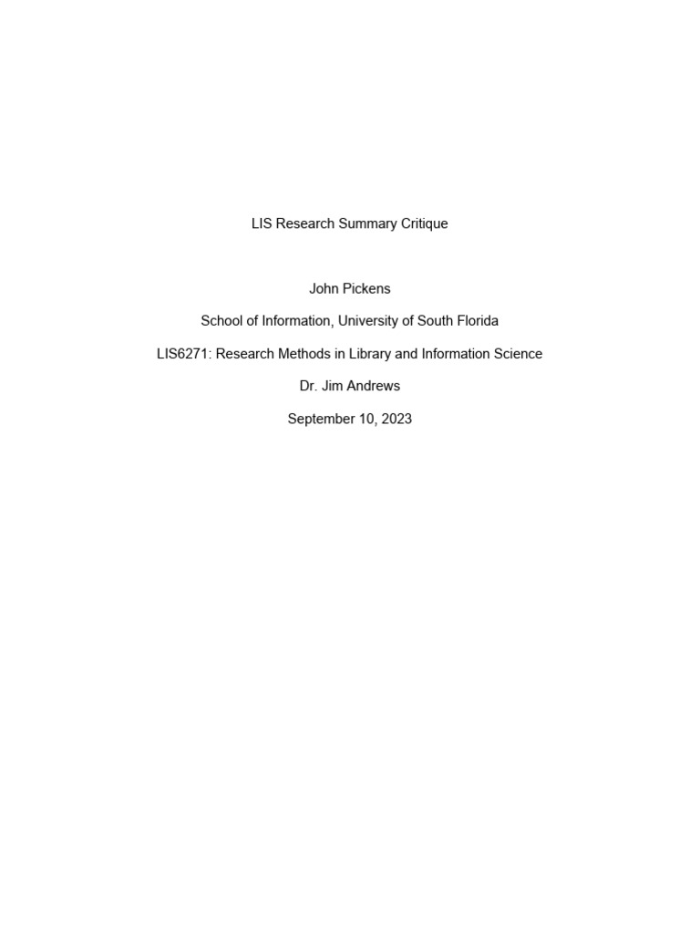 Lis Research Summary Critique Pdf Sampling Statistics