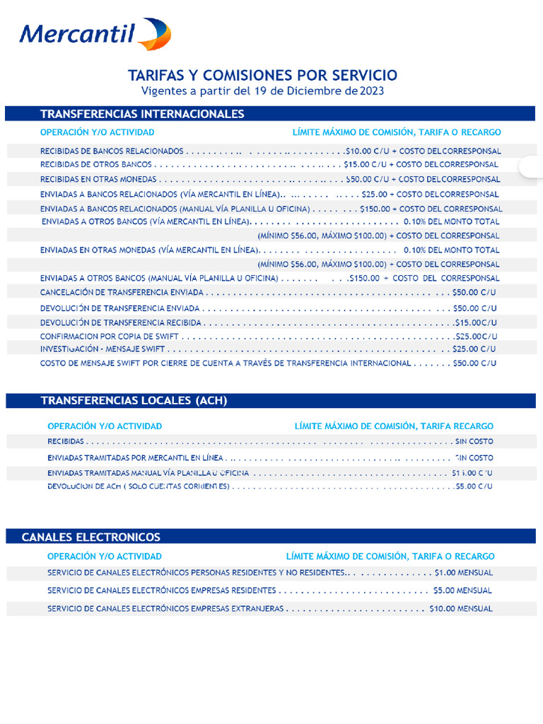 Tarifas y Comisiones | PDF
