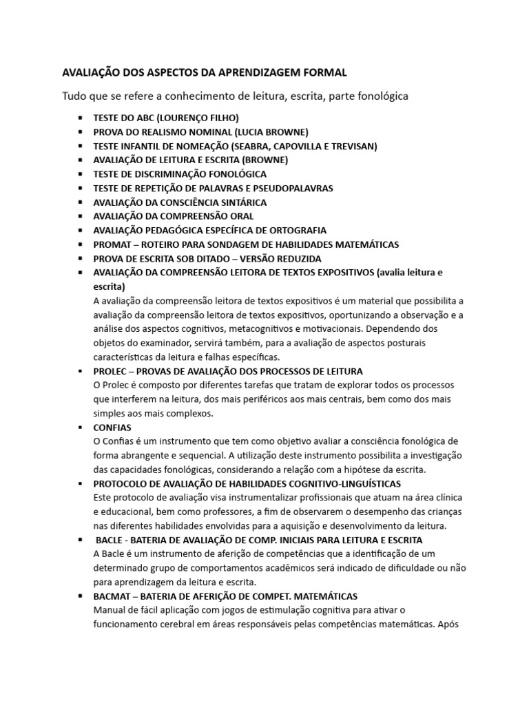 Avaliação Dos Aspectos Da Aprendizagem Formal | PDF | Aprendizado ...