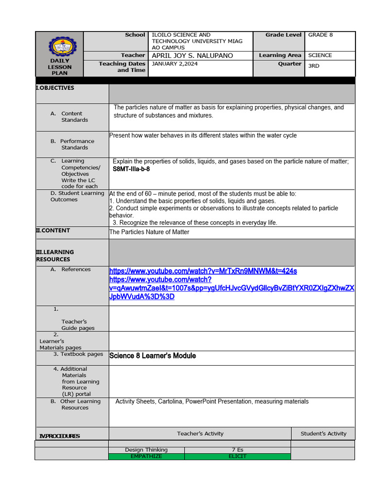 The Best Lesson Plan | PDF | Matter | Gases
