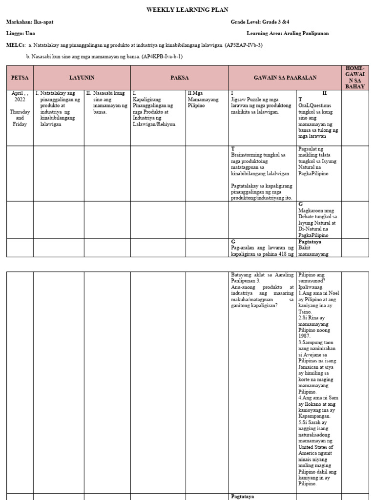 Weekly Learning Plan in AP 3&4 - q4, w1 | PDF