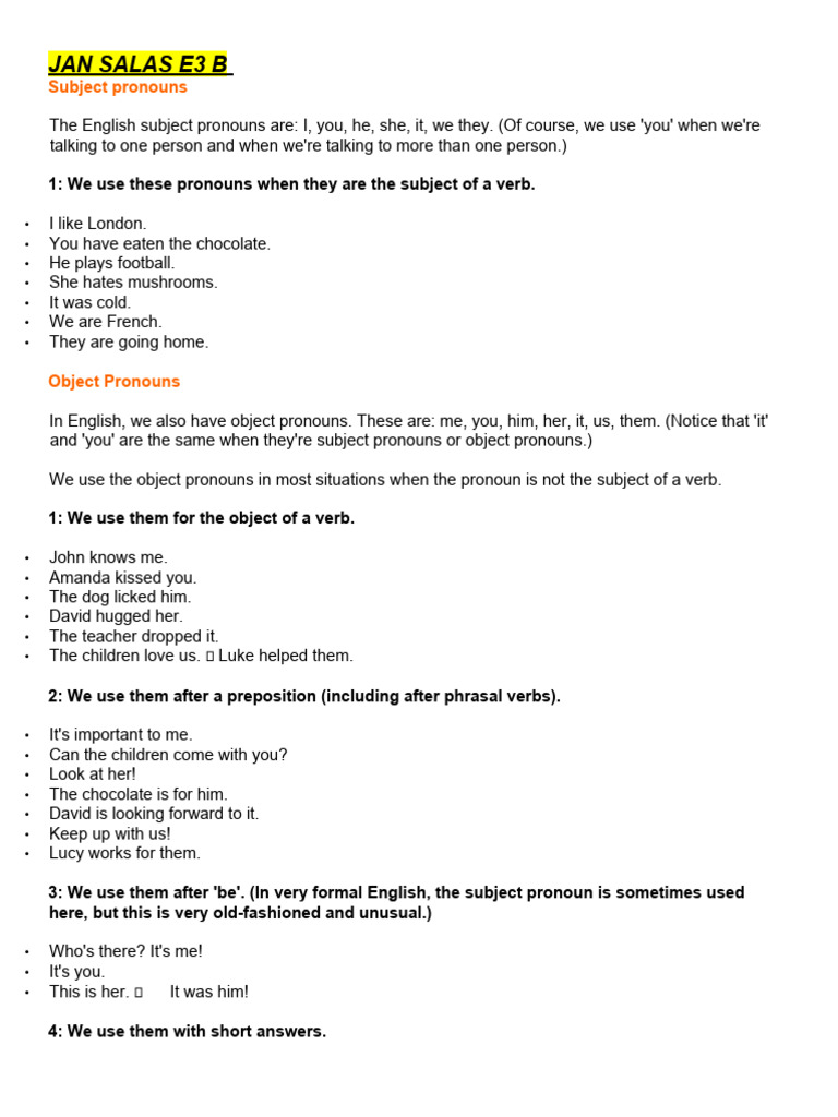 English Subject and Object Pronouns Guide | PDF | English Language ...