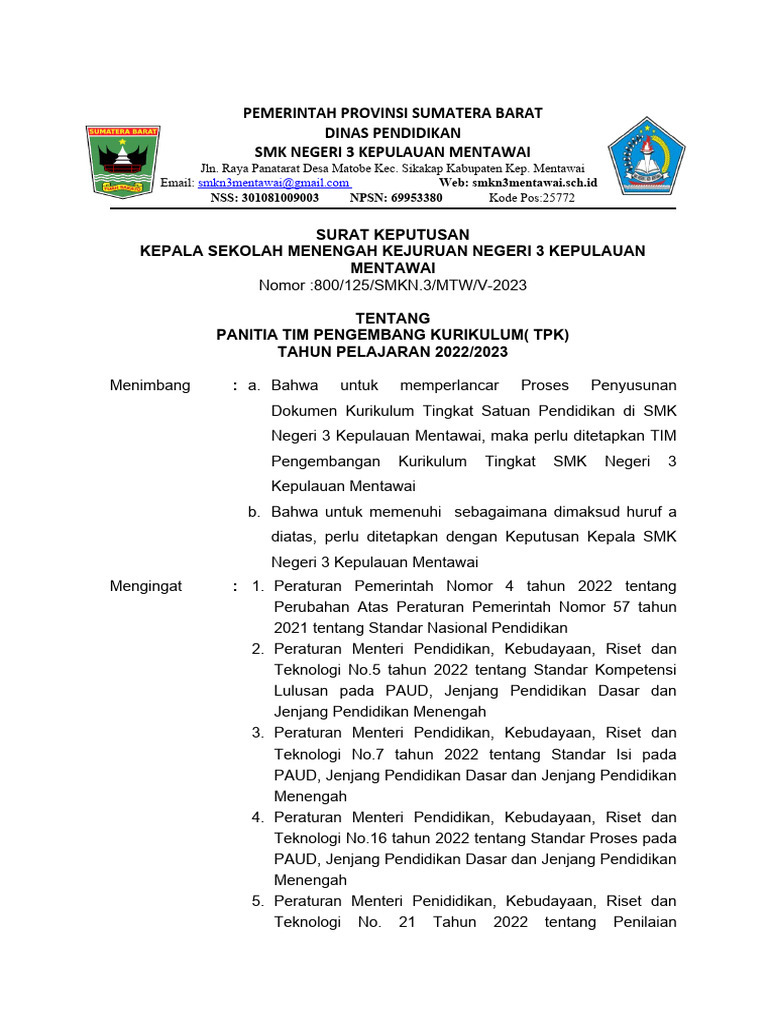 Lamp. 1. SK Tim Kosp 2023-2024 SMKN 3 Mtw. | PDF