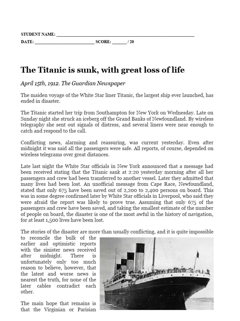 Titanic Exam | PDF | Freight Transport | Water Transport