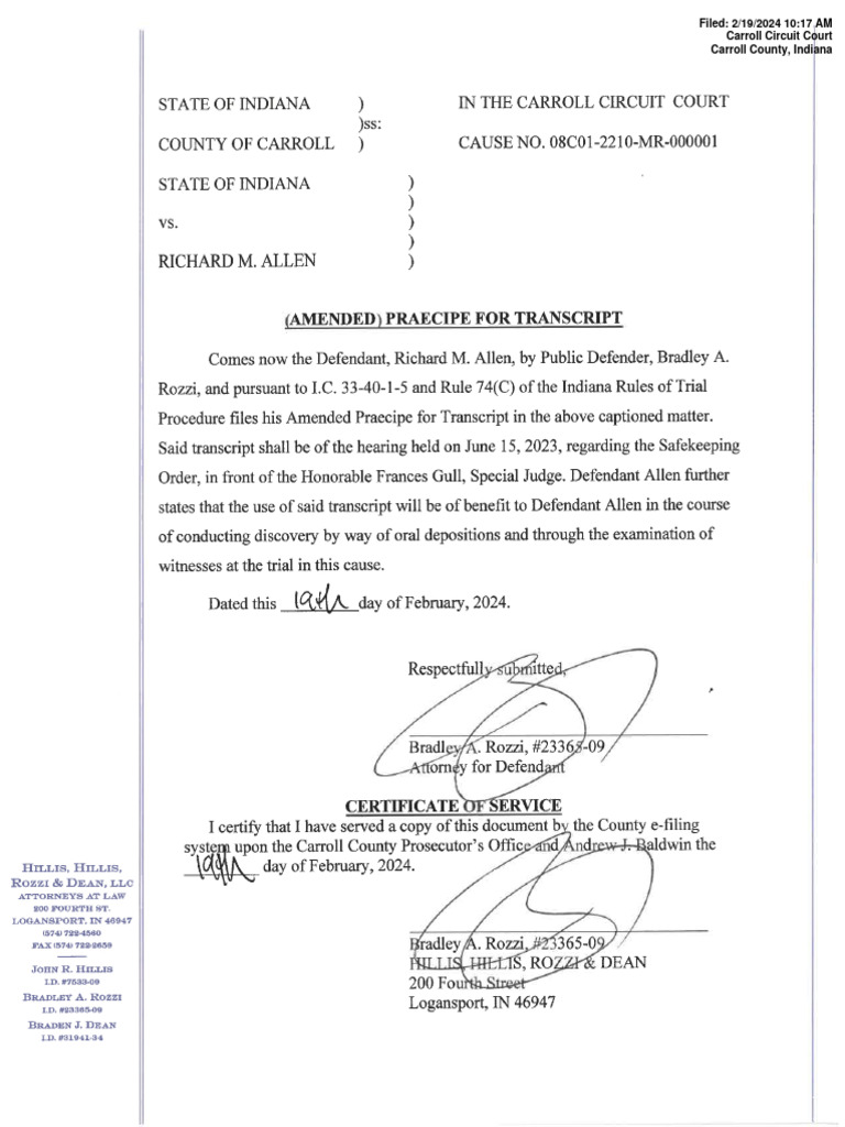 2024 02 19 - Amended Pleading Filed - Praecipe For Transcript - Delphi in - Ra PDF | PDF ...