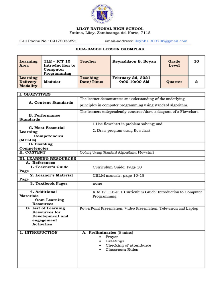 Idea-Based Lesson Exemplar For Tle 10 Q2 | PDF | Algorithms | Sewing