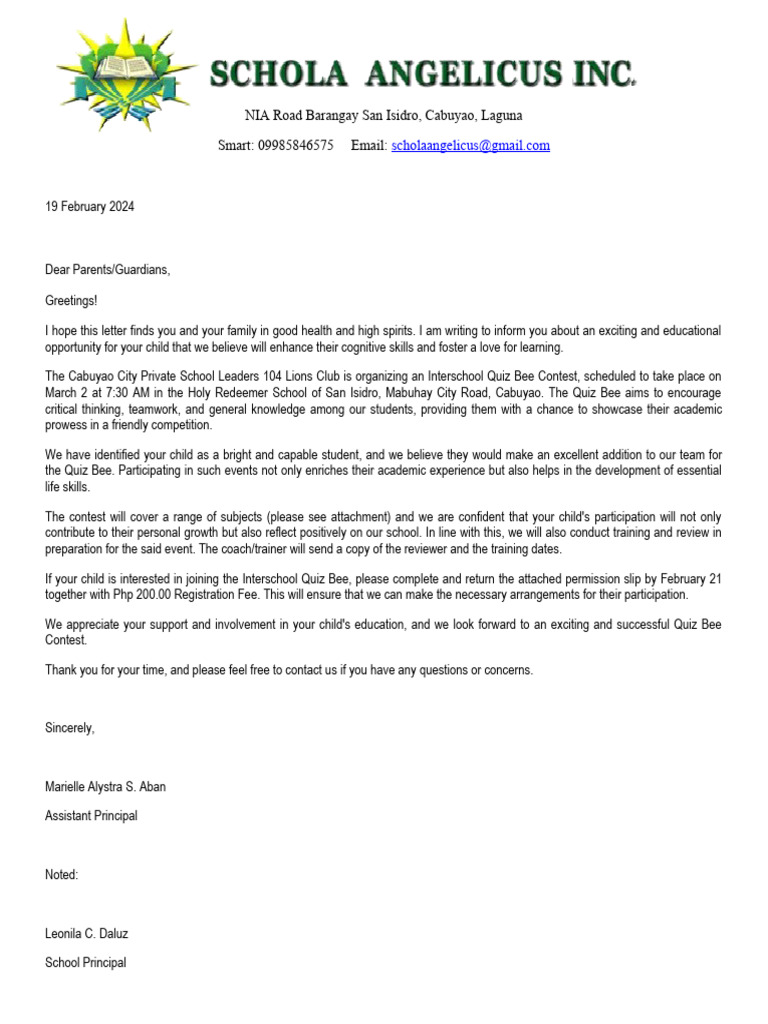 Letter To Parent-Quiz Bee | PDF | Cognitive Psychology | Psychology