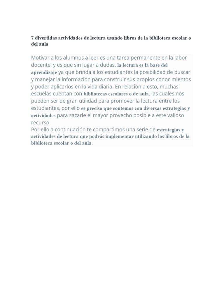 Actividades Divertidas de Lectura Escolar | PDF | Salón de clases