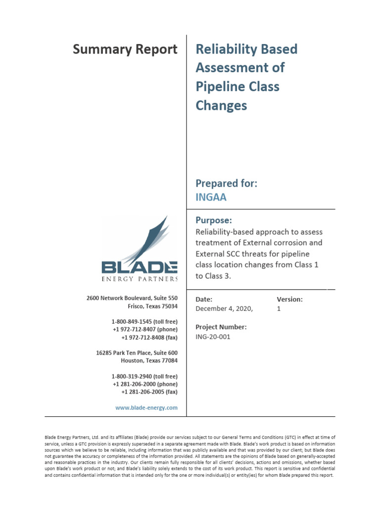 Summary Report: Reliability Based Assessment of Pipeline Class Changes ...
