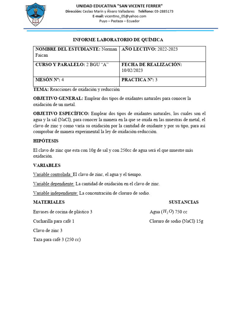 INFORME LABORATORIO DE QUÍMICA Norman Faican 1 | PDF INFORME LABORATORIO DE QUÍMICA Norman Faican 1 | PDF