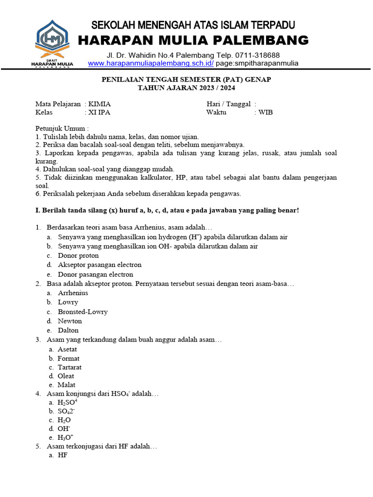 SOAL PTS KIMIA KELAS XI 2024 New BNGT | PDF | Kajian Bahasa Asing | Sains & Matematika