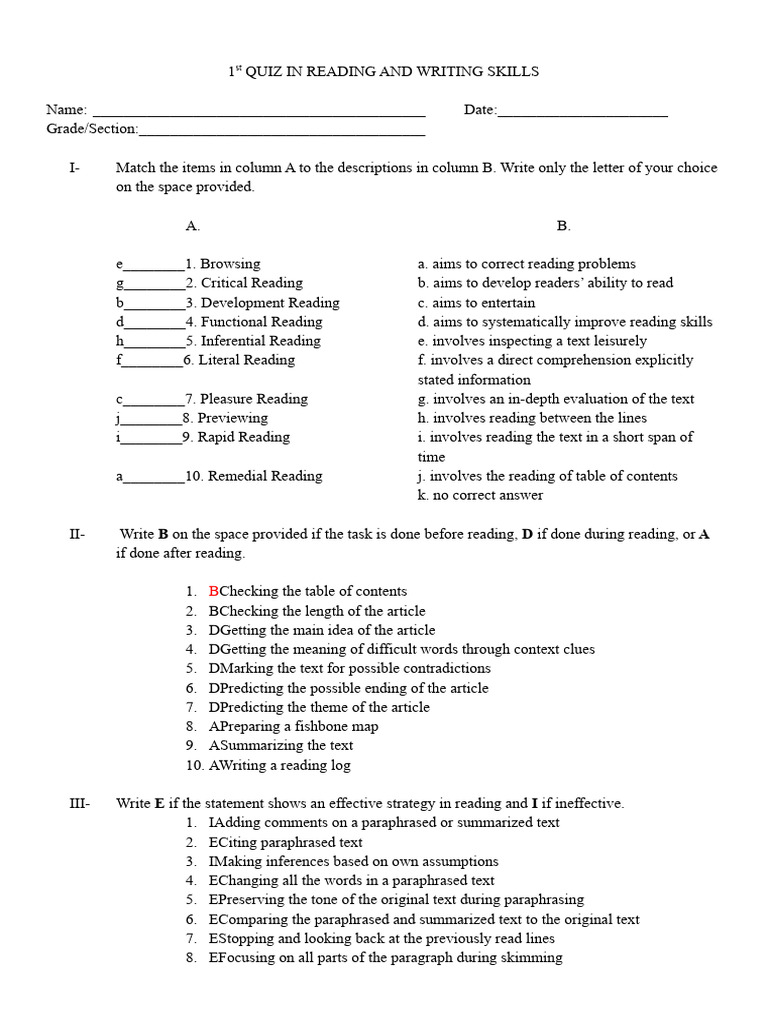 1st Quiz Answer Key | PDF | Reading Comprehension | Cognition