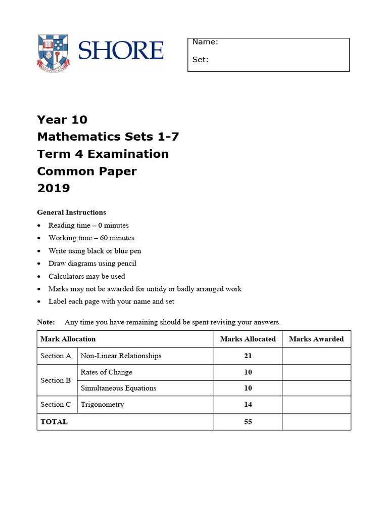 2019 Year 10 Yearly Exam Common Paper Sets 1-7 | PDF | Speed | Mathematics