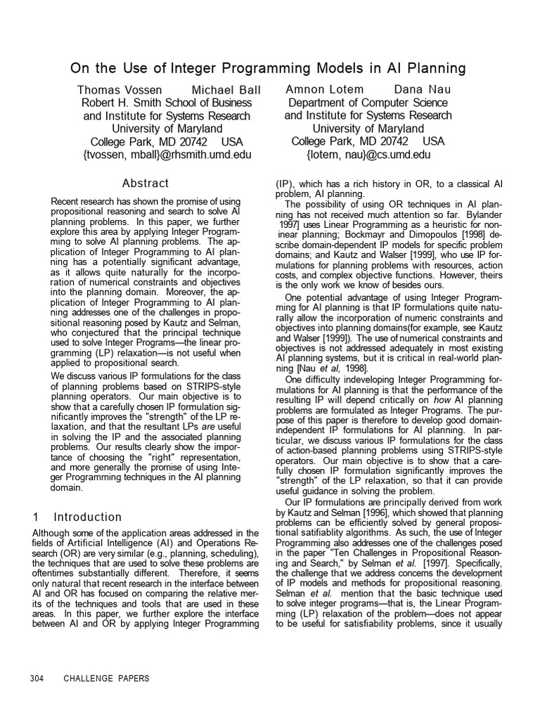 On The Use Of Integer Programming Models In Ai Planning Pdf Linear Programming