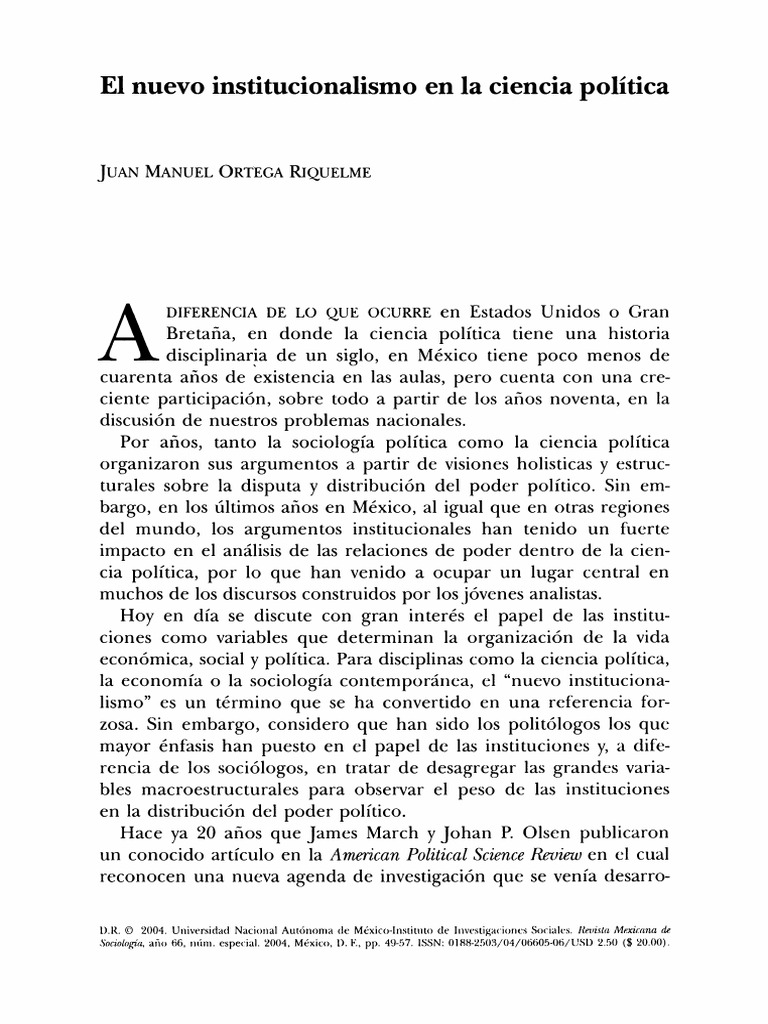 El Nuevo Institucionalismo en La Ciencia Política (Artículo) Autor Juan ...