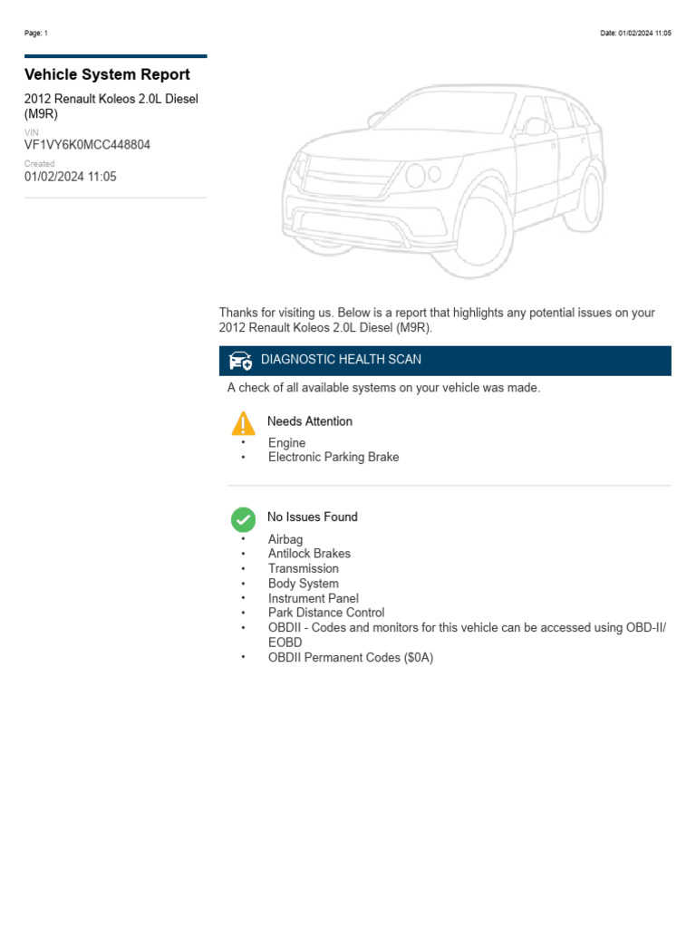Vehicle System Report: Diagnostic Health Scan | PDF
