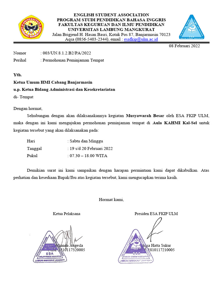Surat Peminjaman Aula Kahmi Kalsel | PDF Surat Peminjaman Aula Kahmi Kalsel | PDF