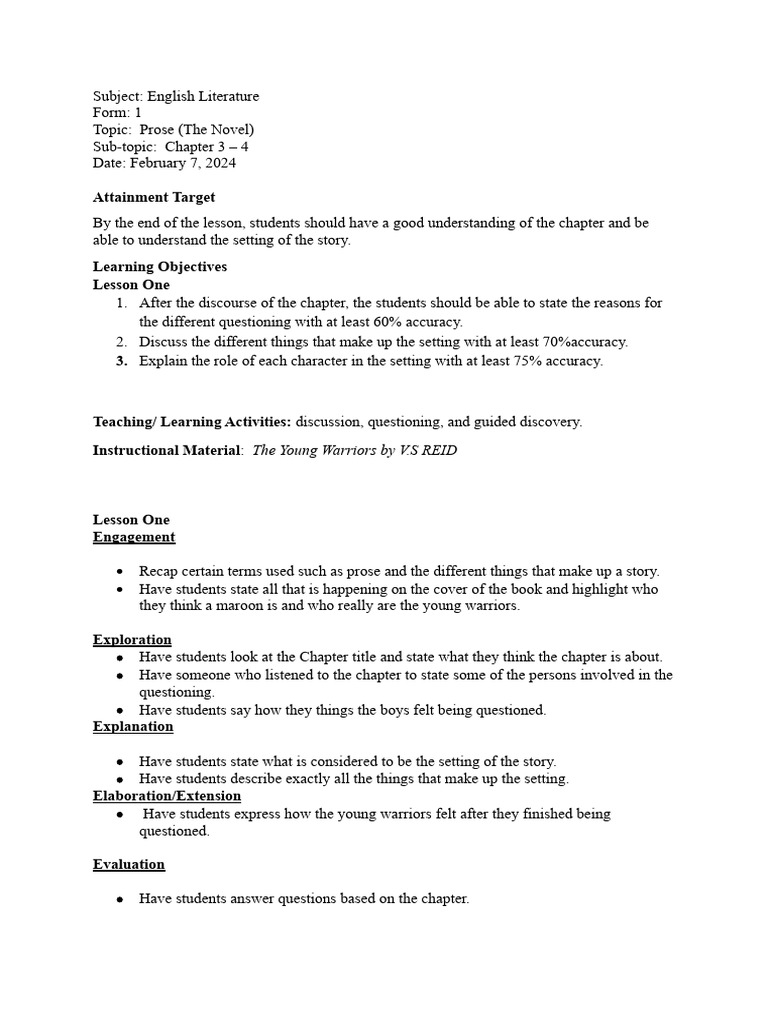 Chapter 3-4 Young Warrior Lesson Plan | PDF | Lesson Plan