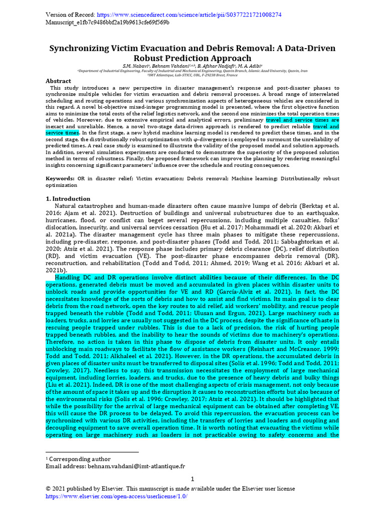 Synchronizing Victim Evacuation and Debris Removal A Data Driven Robust Prediction Approach ...